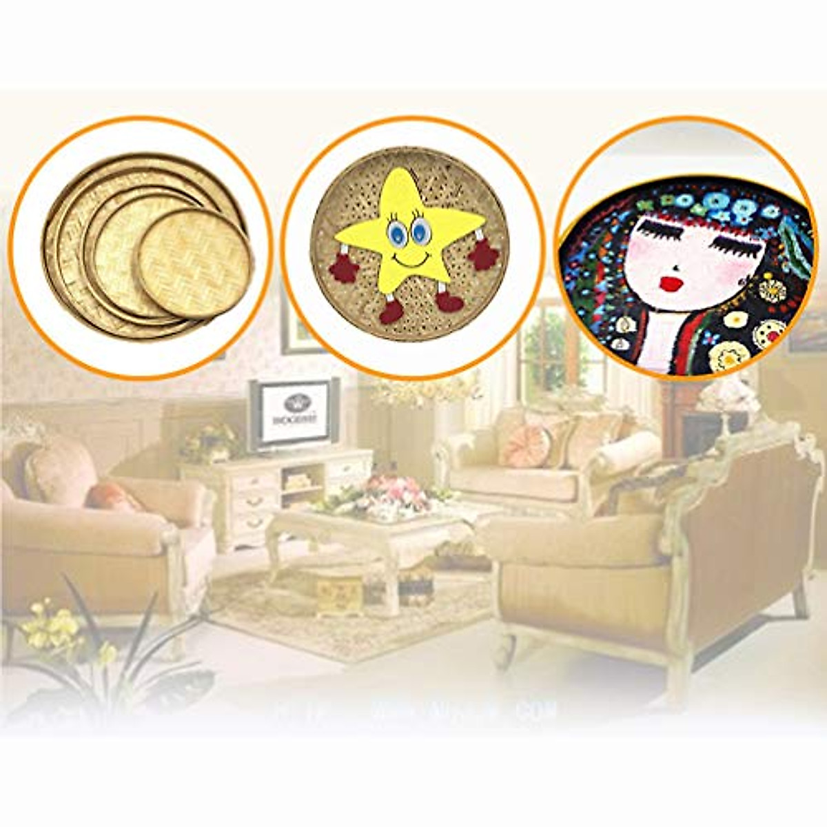 MILISTEN Flat Wicker Bamboo Wood Round Serving Platter Bamboo Basket Tray Flat Shallow Basket for Kids DIY Drawing 42CM