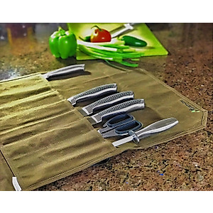 GramVine Professional Chef’s Knife Roll, Waxed Canvas Roll Foldable Knife Culinary Bag Wrap, Kitchen Knives Holder Organiser, Utensils Wrap Bag, Travel Tool Roll Pouch Storage