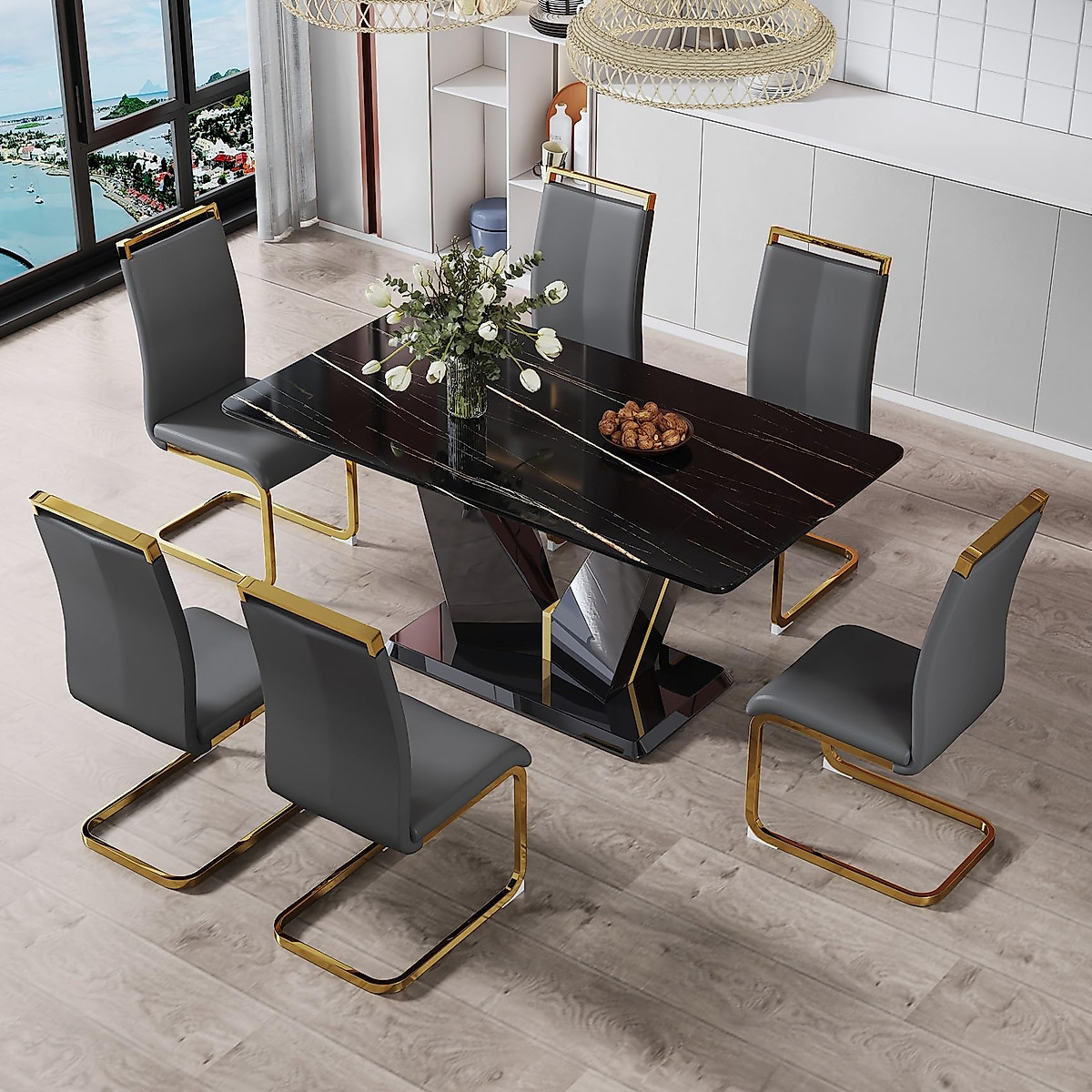 WEKEOT 7 Pieces Modern Dining Table Set 63" Faux Marble Dining Room Table with 6 PU Leather Chair Black Dining Table Set Rectangle Dinner Table Set for Kitchen, Restaurant