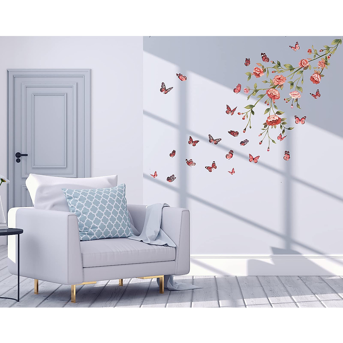 Cute Peony Flower Wall Decals Pink Rose Floral Wall Decals Butterfly Wall Stickers Removable Peel and Stick for Kids Room Bedroom Living Room Garden Backyard Wall Decoration