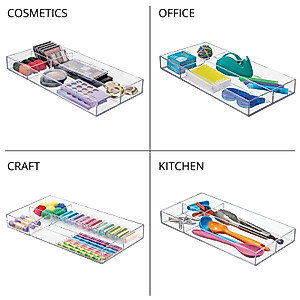 mDesign Plastic Divided Makeup Organizer Holder Tray for Bathroom Drawer, Vanity, Countertop Storage - Cosmetic Organization Holds Palettes, Brushes, Accessories - Lumiere Collection - Clear