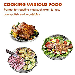 14 In Stainless Steel Roasting Pan, Stainless Steel Heavy Duty Kitchenware Round Roaster Pan Large XLarge Big Green Egg Drip Pan for Turkey Baking,Roast Chicken,Brushed Surface & Dishwasher Safe