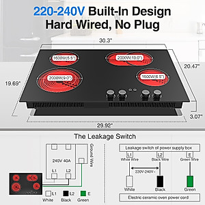 Electric Cooktop 30 Inch, Electric Stove 4 Burner Built-in Electric Cooktop,7200W Radiant Electric Cooktop Stove Itop,9 Power Levels,Timer,Knob Control,Kid Safety Lock,220-240V for Hard Wire(No Plug)