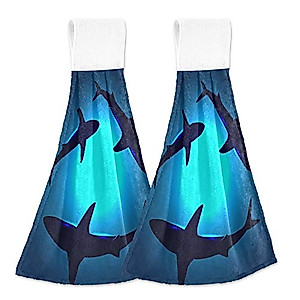 WELLDAY 2 Pcs Hanging Hand Towels Soft Absorbent Floating Sharks Towel for Kitchen Bathroom