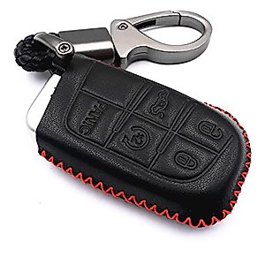 MJKEYAuto Black Leather 5 Buttons Smart Remote Key Fob Cover Chain Case for Jeep Grand Cherokee Dodge Challenger Charger Dart Durango Journey Chrysler 200 300 Fiat (type1)