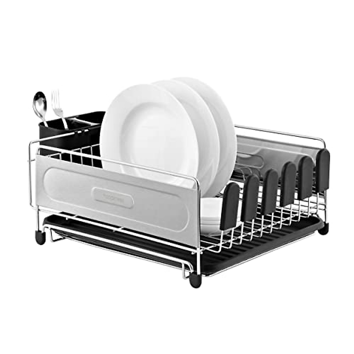 happimess DSH1000A Compact 17.25" Fingerprint-Proof Stainless Steel Dish Drying Rack, Dish Rack with Wine Glass Holder, Utensil Holder, Stainless Steel/Black, Silver/Black