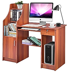 Tangkula Computer Desk with Storage Cabinet & Drawer, Wood Frame Home Office Desk with Pull-Out Keyboard Tray, Computer Workstation with Hutch Storage Bookshelf & CPU Compartment, Study Writing Table