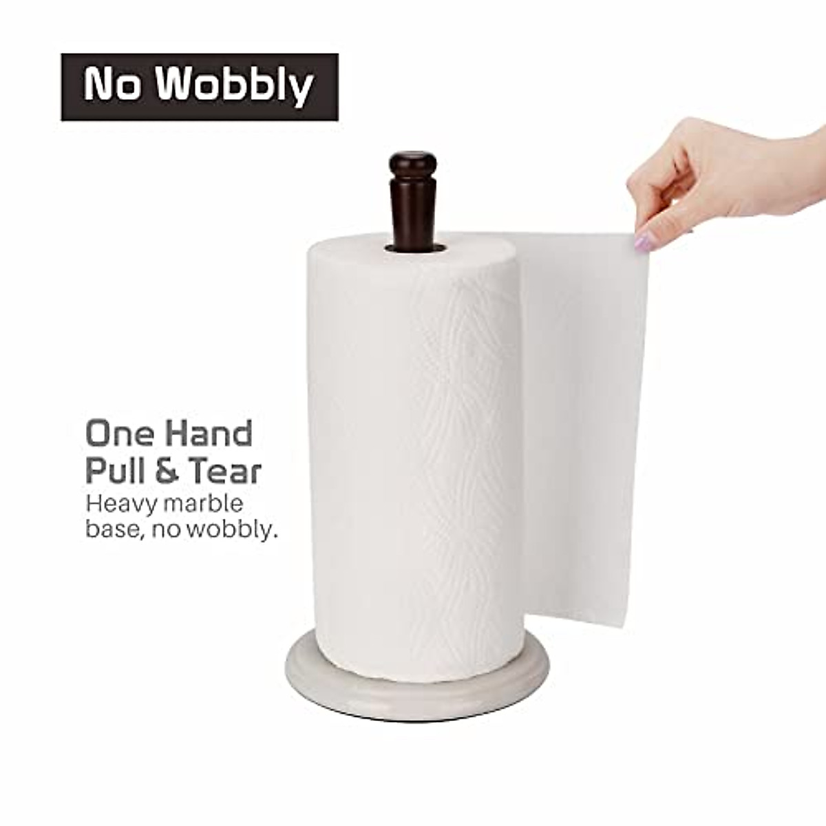 Marble Paper Towel Holder Countertop for Kitchen, Wood Paper Towel Holder Stand with No Wobbly Natural Marble Base, One Hand Pull & Tear - Black Brown