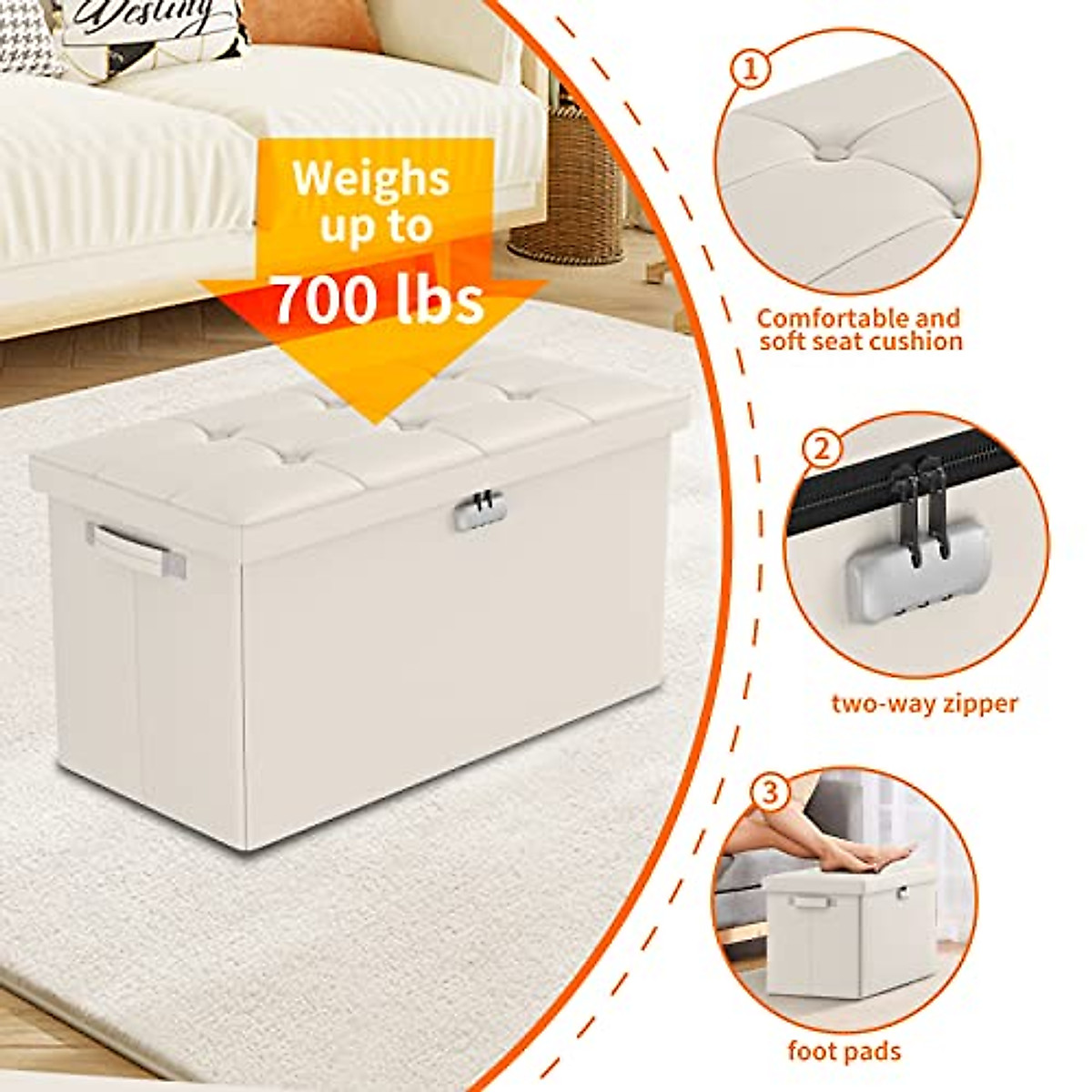 Tamfile 30 inches Folding Storage Ottoman with Lock,Fireproof Bedroom Bench with Storage,Beige Footrest with Foam Padded Seat,Ottoman Foot Rest for Bed Room,Storage Chest, Foot Rest Stool