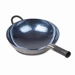 臻三环 ZhenSanHuan Chinese Hand Hammered Iron Woks and Stir Fry Pans, Non-stick, No Coating, Carbon Steel Pow (36CM, BlueBlack Seasoned with help handle)