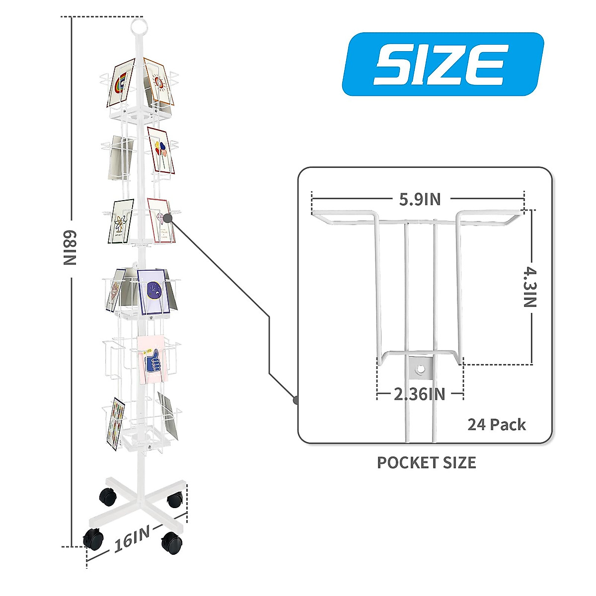 Tongmo Greeting Card Rack: Enhance Your Display with a 24-Pocket Rotating Countertop Solution for Postcards, Brochures, and Greeting Cards (White, 65”H - 24 Pockets)