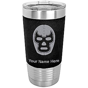LaserGram 20oz Vacuum Insulated Tumbler Mug, Luchador Mask, Personalized Engraving Included (Faux Leather, Black)