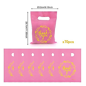 KDPATFAV 70 PCS 9" x 12" Plastic Merchandise Bags Shopping Bags with Thank You Logo Boutique Bags with Handles for Birthday Party Baby Shower Wedding Trade Shows and More (Pink)