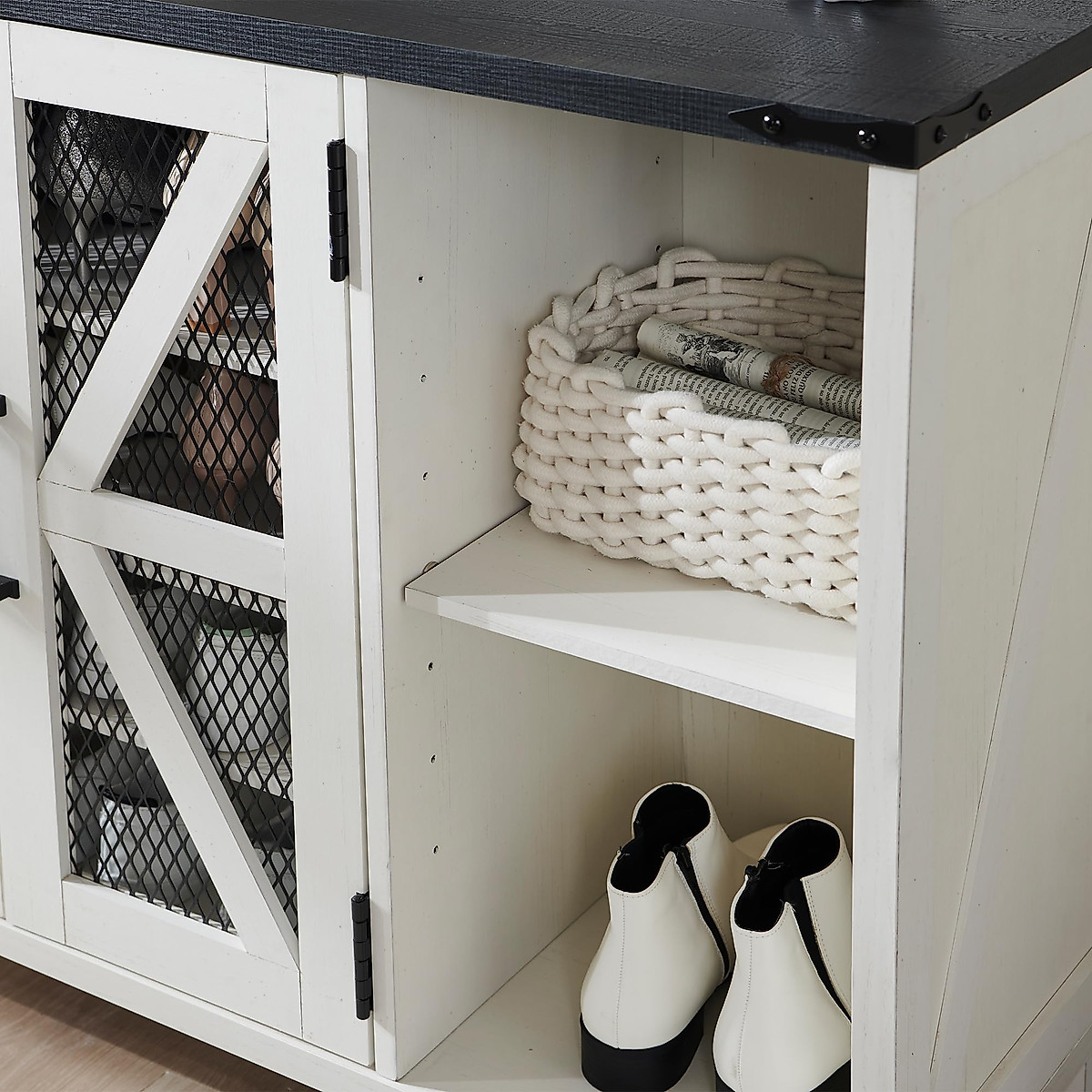 ACCOHOHO Farmhouse Shoe Cabinet, Large Shoe Storage Cabinet with Metal Accents & Adjustable Shelves, Industrial Wood Shoe Organizer Cabinet, Rustic Shoe Rack Cabinet for Entryway, Off White