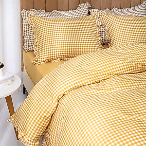 INFLAG Ruffle Duvet Cover Set Twin Size, Vintage Ruffle Plaid Bedding Set, 100% Washed Cotton Soft Breathable Quilt Cover 2 Pieces Zipper Closure Bedding (Yellow, Twin 66"x90")