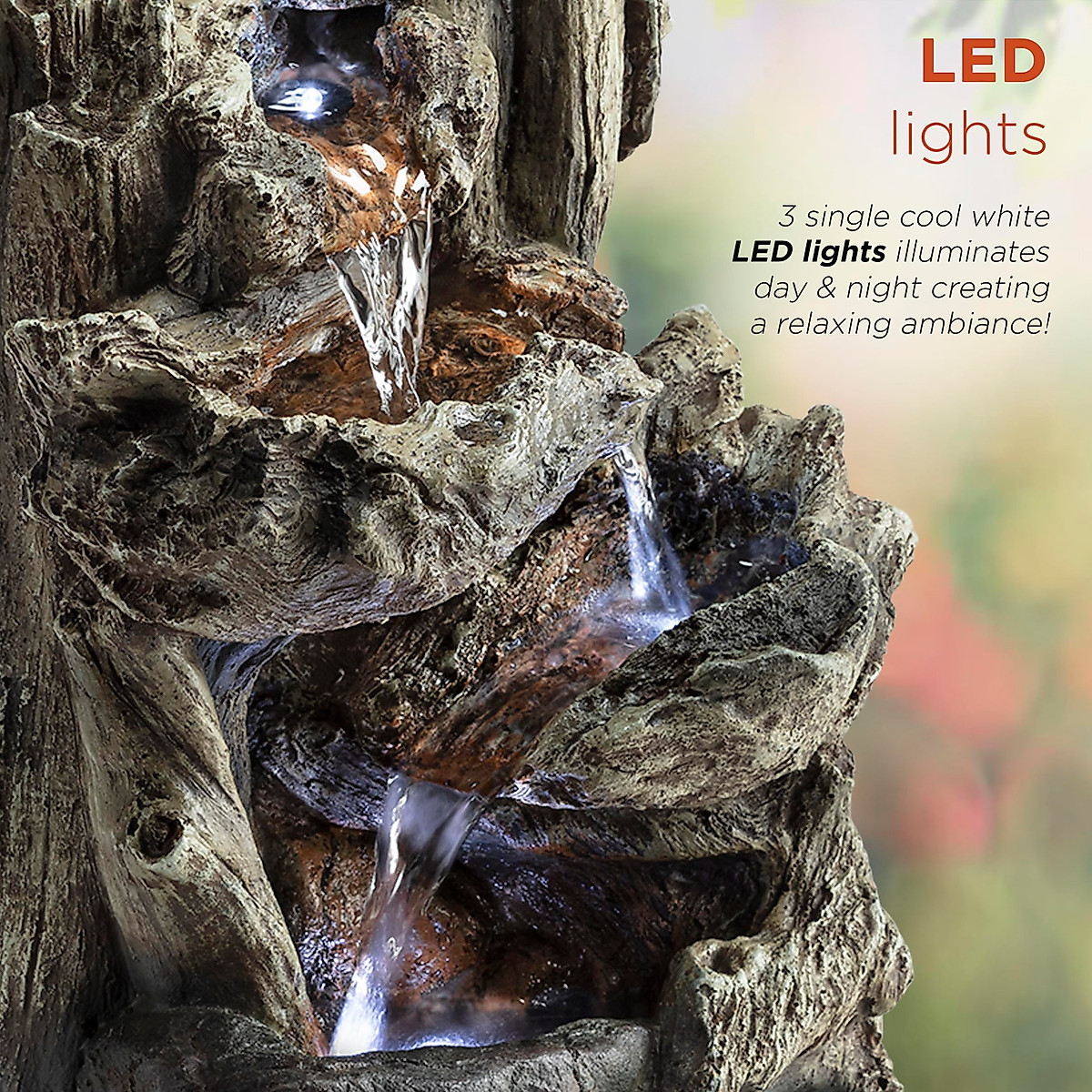 Alpine Corporation 14" Tall Indoor/Outdoor Tiered Log Tabletop Fountain with LED Lights, Beige