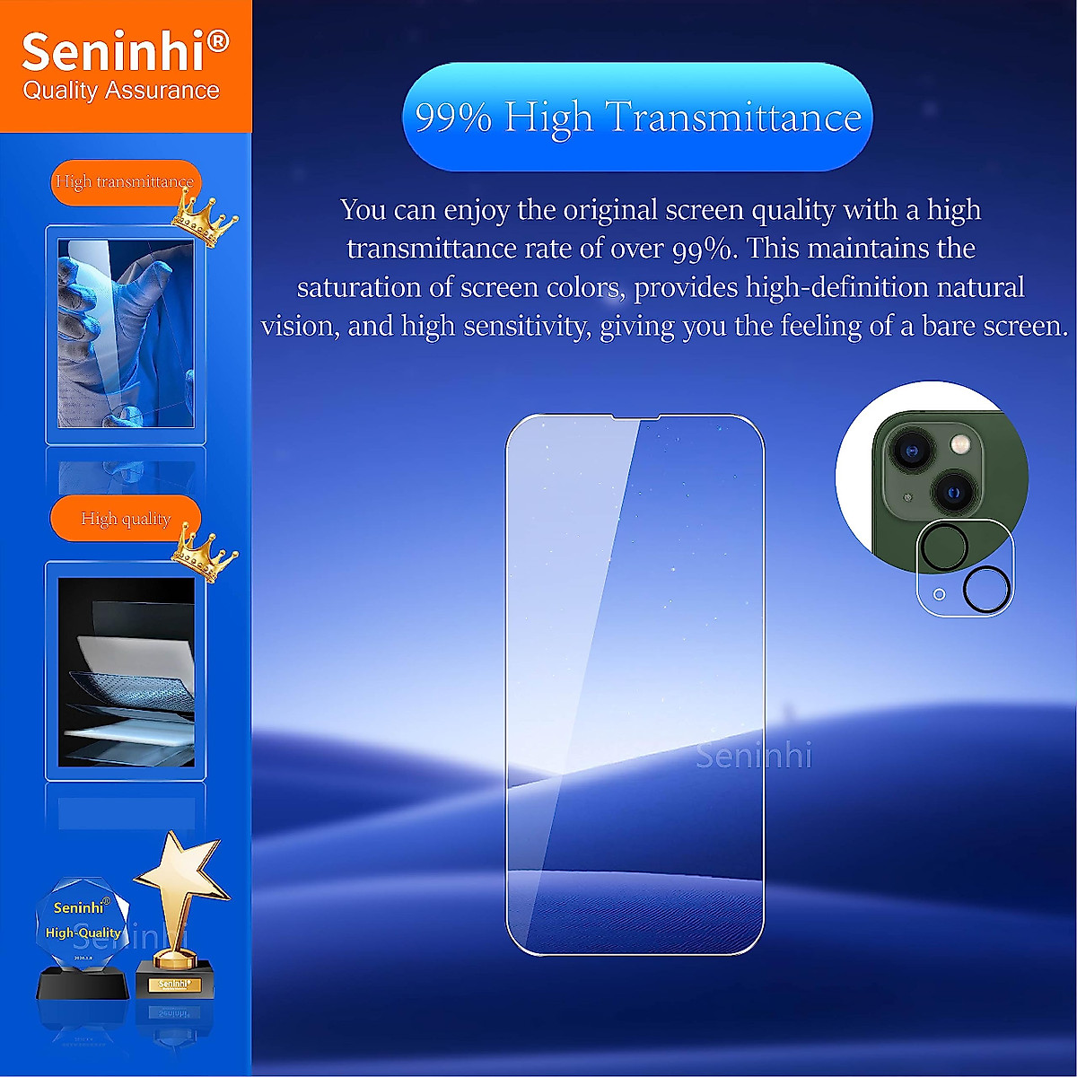 Seninhi [3+3Pack] for iphone 13 (6.1inch) Screen Protector 3Pack + Camera Lens Protector 3Pack, Tempered Glass Screen Protector [With Easy Installation Frame] [9H Hardness] [Anti-Scratch] [Bubble