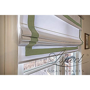 LOGANOVA Flat Roman Shade Chevalle Pine. Three sides light green border on white background. Includes valance and chain mechanism. Custom made.