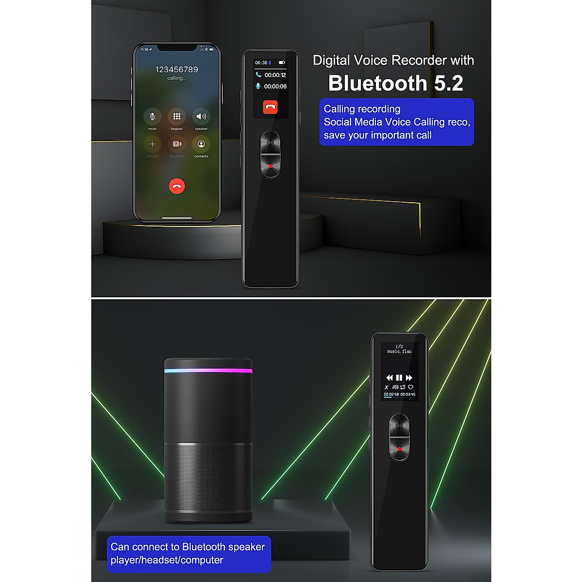 64GB Digital Voice Recorder, 3072KBPS Voice Activated Recorder One-Touch Recording with Playback, Noise Cancellation with Password, Bluetooth, Dictaphone Recorder for Lectures, Meetings, Interviews