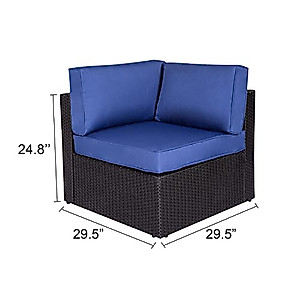 kinbor Black Wicker Patio Loveseat 2 PCS Outdoor Garden Furniture Set Rattan Corner Sofa with Thick Dark Blue Cushions