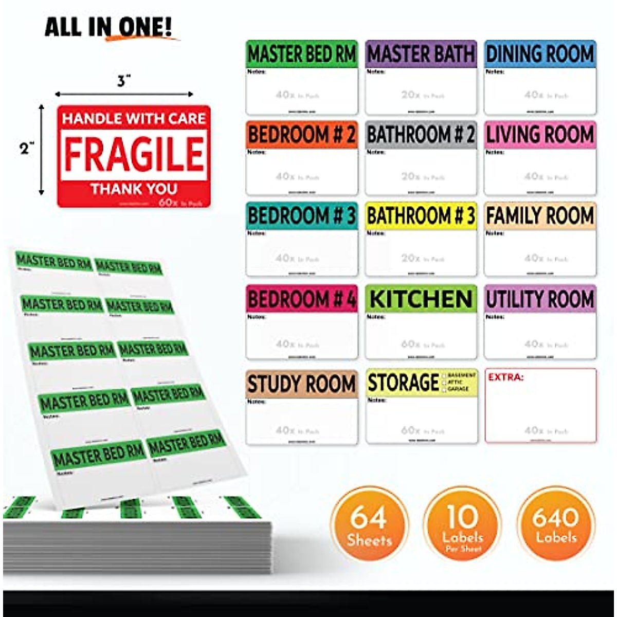 Labelinn Moving Labels for Boxes 640 Pcs - 2 x 3 inches Non-Removable Moving Stickers for Boxes Color Coded 64 Sheets with 10 Labels Each – 16 Designs Including Fragile & Customizable Blanks