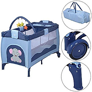 BABY JOY 3 in 1 Pack and Play, Portable Playard with Hanging Toys, 2 Lockable Wheels Diaper Changing Table, Foldable Travel Bassinet Bed (Blue)