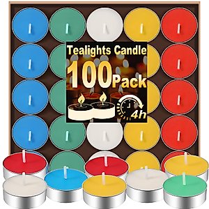 Jeffbaubl 100Pcs Tealight Candles,Assorted Colors Tea Lights Candles,4 Hour Burn Time Unscented Candles,Smokeless Candles for Wedding Home Romantic Dinner Anniversaries(5 Colors)