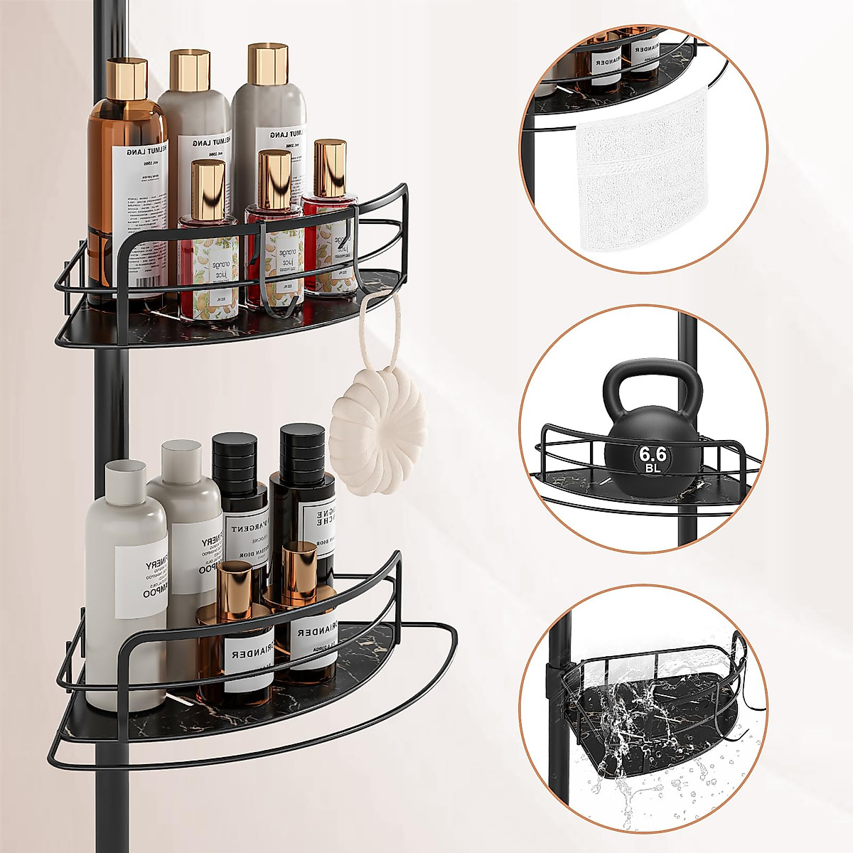 THMINS Shower Caddy Tension Pole,Adjustable Corner Shower Caddy,4 Tier Rustproof Shower Organizer Shelves for Bathroom,Bathtub,42.1-120.5 inch,Black