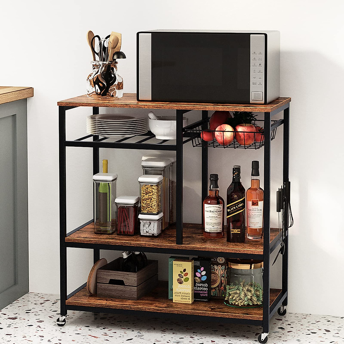 SogesHome 4-Tier Bar Cart Storage Cart, Utility Bar Serving Cart Kitchen Island Rolling Cart on Wheels with Shelves for Living Room, Office, Coffee