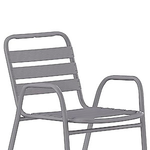 Flash Furniture Lila Commercial Restaurant Stack Chair with Triple Slat Back and Arms, Indoor-Outdoor Dining Chair, Silver