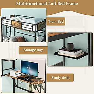 Giantex Metal Twin Loft Bed with Desk and Storage Shelf, Heavy Duty Loft Bed Frame with Build-in Ladder & Safety Guardrail, Space-Saving Twin Size Loft Bed for Teenager and Adult, Black
