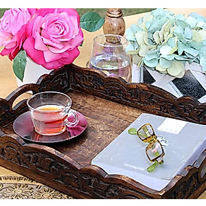 Hand Carved Wooden Serving Tray - Decorative Breakfast Tray with Handles - Rustic Wooden Food Tray with Intricate Detail - Unique Furnishing Accent - Natural Finish - 17 x 13 x 2.5 Inch - COTTON CRAFT