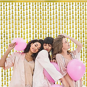 3 PCS Bachelorette Party Decorations Gold Fringe Curtains Photo Backdrop for Wedding Bachelorette Hen Party (Golden)