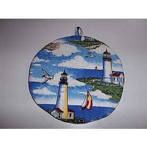 Quilted Pot Holders Hot Pads Lighthouse Potholders Fabric Round Handmade Trivet Double Insulated 9 Inches