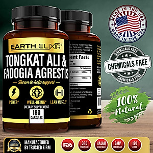 Earth Elixir Fadogia Agrestis 600mg and Tongkat Ali 500mg Supplements (180 Capsules) - Made in USA - 3 Month Supply – 3rd Party Tested - Long Jack - Tongkat Ali Fadogia Agrestis Supplements for Men