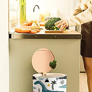 Nordic Style Trash Can - Childish seamless with hand drawn dino in scandinavian style Creative Push Top Trash Can with Lid - Scandinavian Modern Garbage Can - Round Trash Bin w/ Legs for Kitchen/Bathroom/Dog proof, 1.8 Gallon - 7L