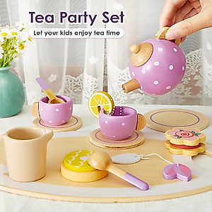 BUYGER Wooden Tea Party Set for Toddler Little Girls 3-5 with Teapot Tea Cup Set Wooden Play Food Toy Kitchen Accessories for Kids Girls Children Boys Toddler…