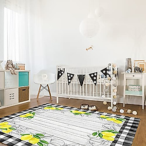 AmbeHome Large Area Rug 5' x 7' Bedroom Rugs, Lemon Runner Rug Non Slip Kitchen Rug Washable Floor Carpet Mat for Living Room Bathroom Outdoor Summer Farmhouse Wooden Grain Checkered