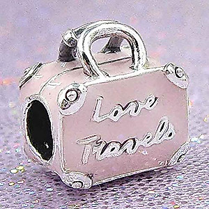 PINK SUITCASE LOVE TRAVEL 925 Sterling Silver Charm Bead For Pandora & Similar Charm Bracelets or Necklaces