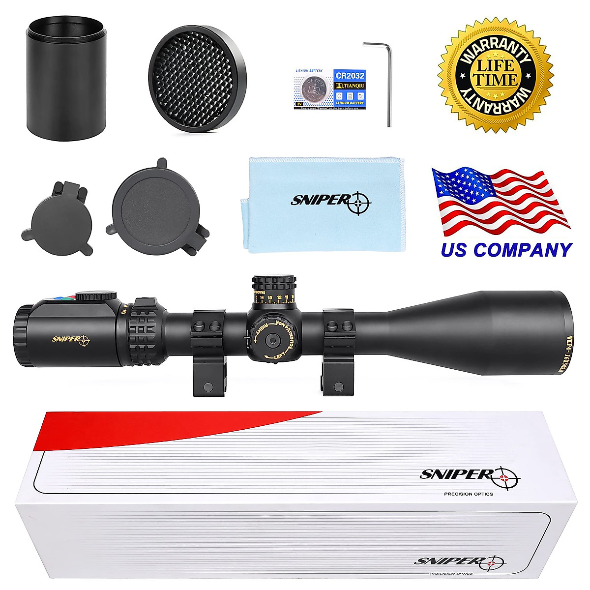 SNIPER Scope WKP 4-16x50 W Side adjustment. Red/Green Illumination reticle. Comes with extended sunshade and Heavy Duty Ring Mount and lens cover