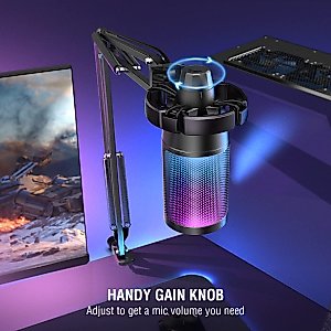 FIFINE Gaming PC Microphone with Boom Arm for Computer Bundle, RGB Mic with Mute Button for Streaming Online Chat Gamer Youtuber Set-AmpliGame (A6T+U1)