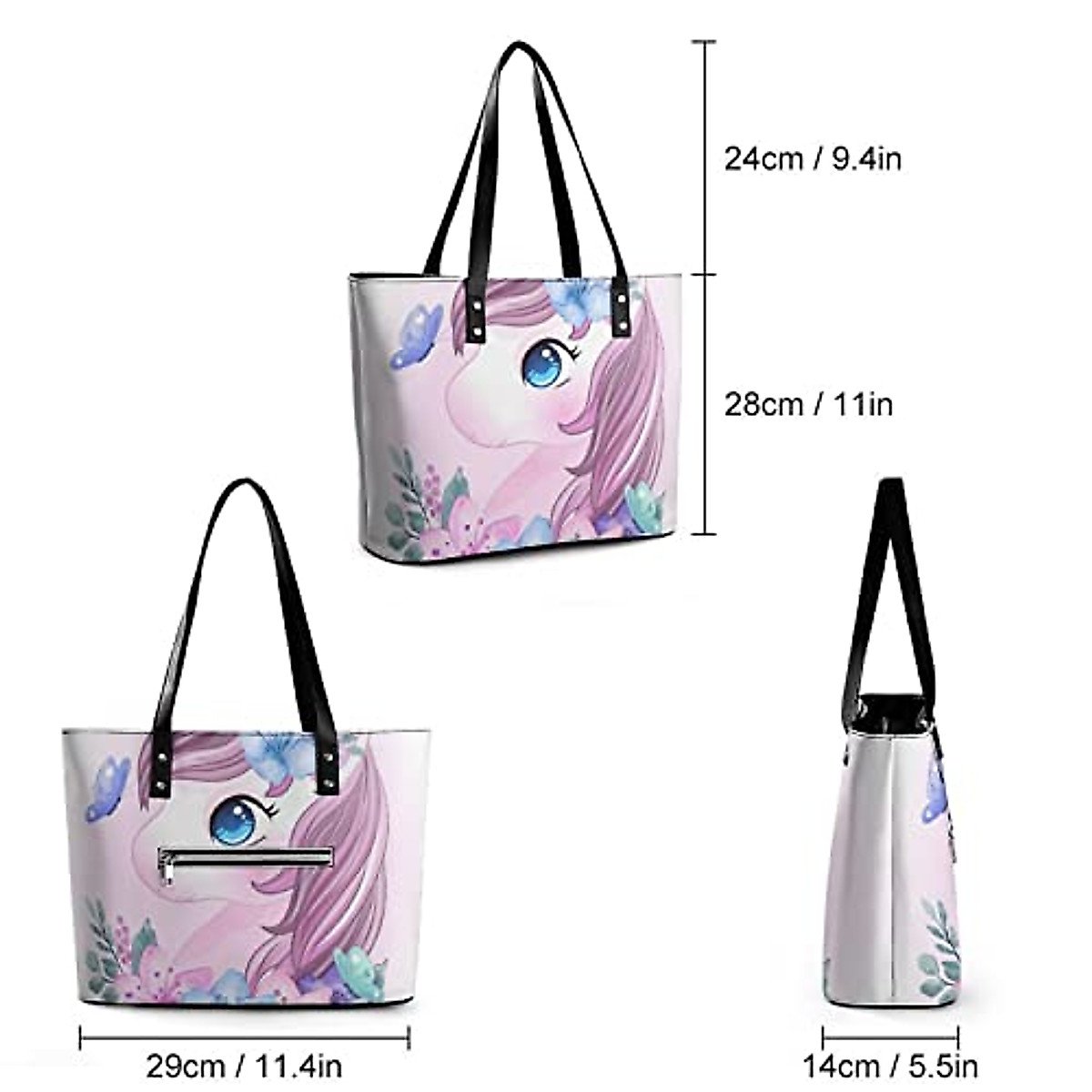 Womens Handbag Unicorn Flower Butterfly Leather Tote Bag Top Handle Satchel Bags For Lady