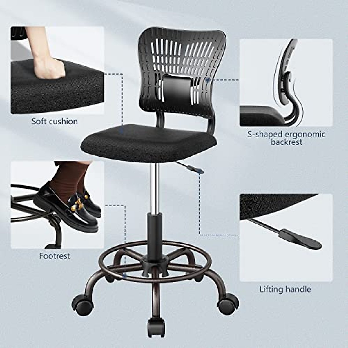 PALONE Bar Stools Adjustable Barstools Modern Design Counter Height Bar Stools with Backrest 360°Swivel Stools for Kitchen Counter with 5 Rollers Set of 2 Black