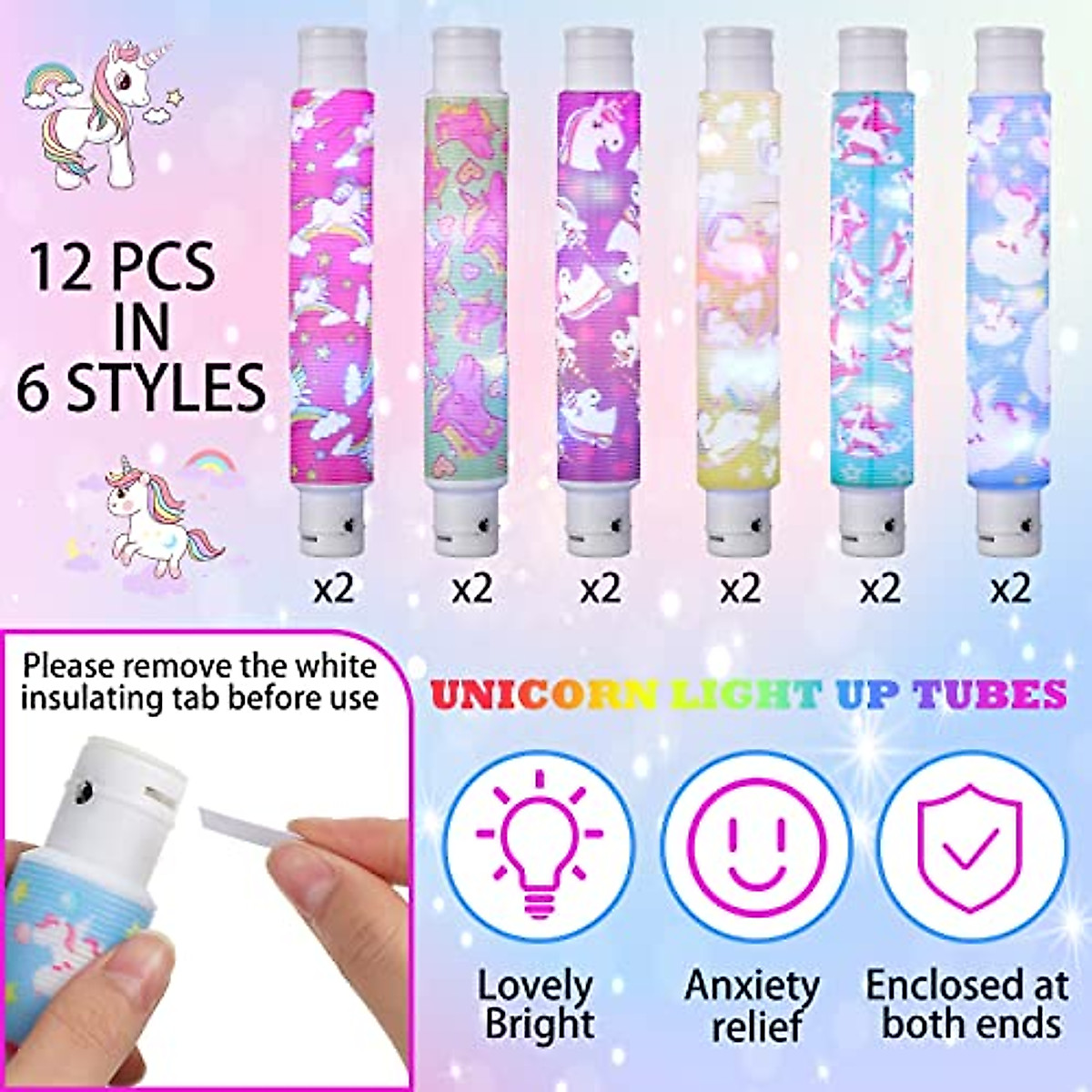 12 Pcs Unicorn Light up Tubes Sensory Toys for Kids Valentines Gifts Stretch Fidget Toys LED Stocking Stuffers Glow in The Dark Party Favor for Birthday Goodie Bag Classroom Exchange Gifts