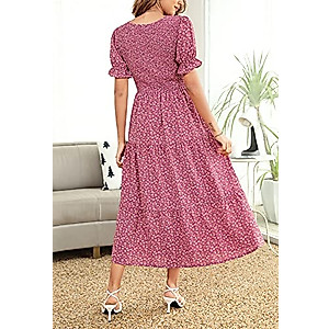 Kranda V Neck Short Puff Sleeve Smocked Ruffle Floral Midi Dress Dusty Rose XS