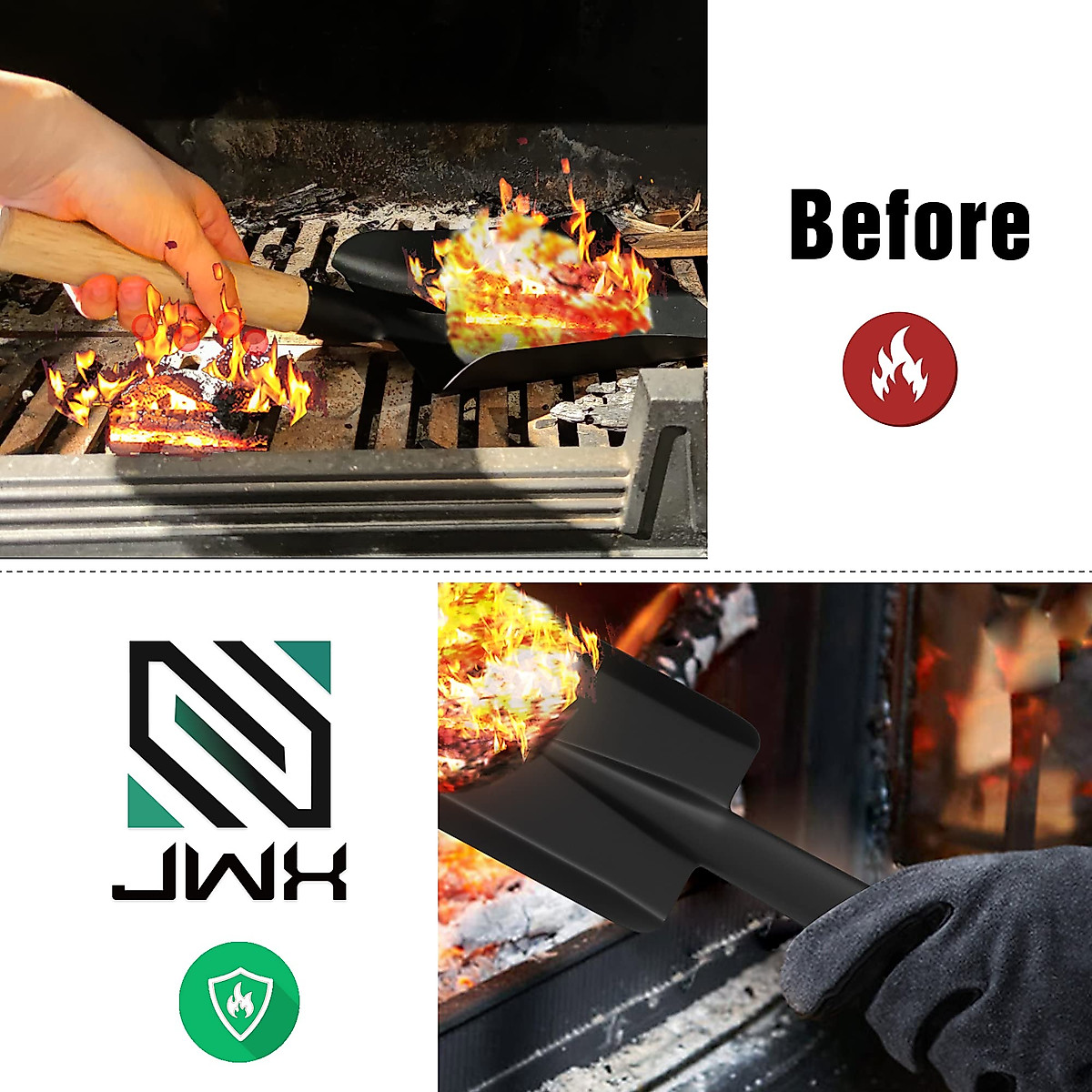 JWX Ash Bucket, Ash Set Keep Your Fireplace Clean and Safe Includes Shovel, Lid, Heat-Resistant Gloves, and Coconut Fiber Brush