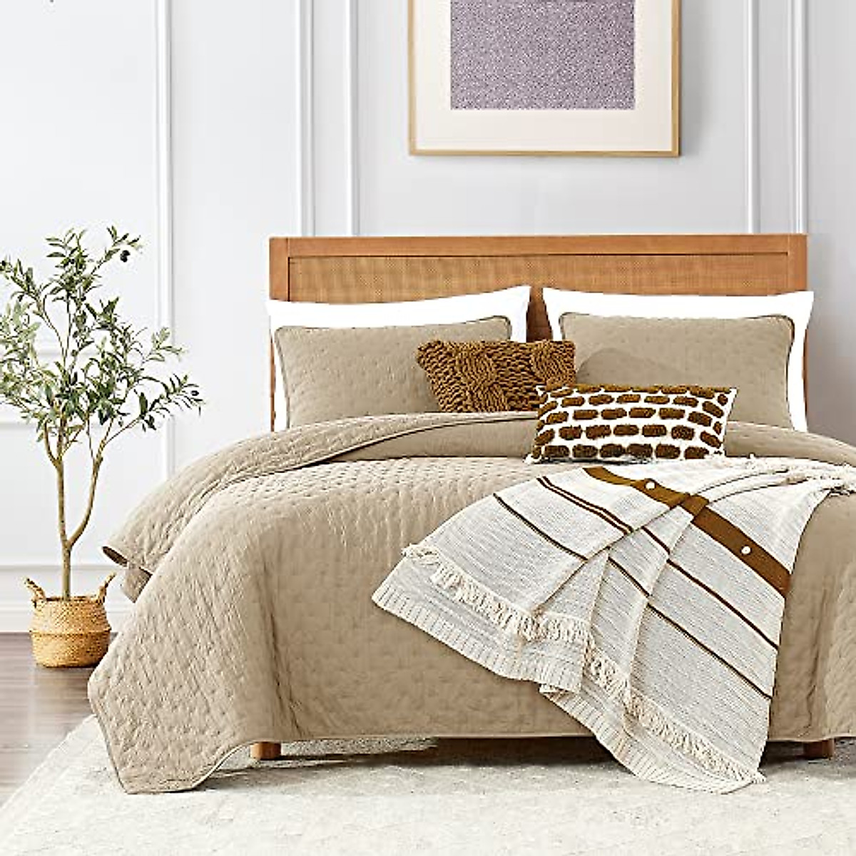 Beige Queen Size Quilt Bedding Sets with Pillow Shams, Lightweight Soft Bedspread Coverlet, Quilted Blanket Thin Comforter Bed Cover, All Season Summer Spring, 3 Pieces, 90x90 inches, Tan Cream