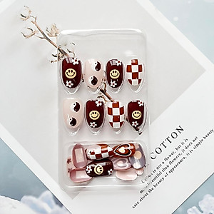 24 Pcs Brown Press on Nails Almond Fake Nails Medium False Nails with Heart Happy Face Flower Designs French Tip Glue on Nails Full Cover Acrylic Nails Cute Stick on Nails for Women Girls