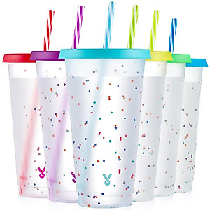 Meoky Confetti Color Changing Cups with Lids and Straws for Iced Coffee, Party, Pool - 6 Pack 24oz Reusable Plastic Tumblers for Kids and Adults