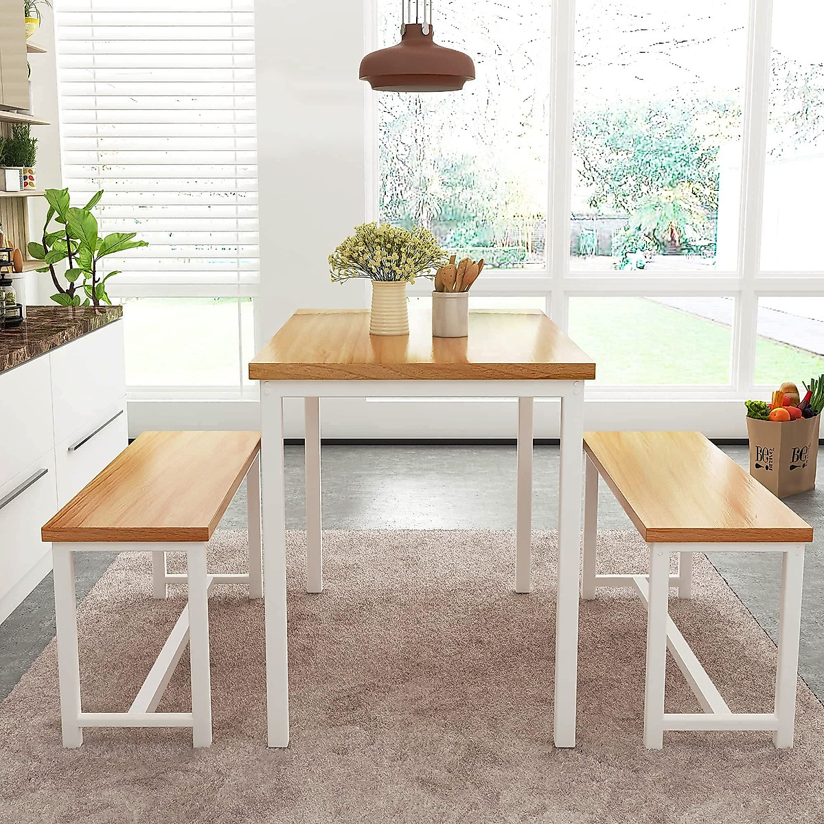 AWQM Dining Room Table Set, Kitchen Table Set with 2 Benches, Ideal for Home, Kitchen and Dining Room, Breakfast Table of 47.2x28.7x28.7 inches, Benches of 41.3x11.8x17.7 inches, Beige